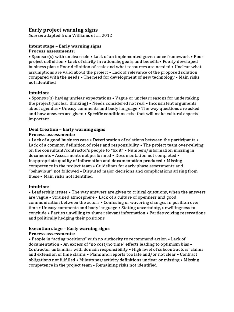 Early Project Warning Signs (A4 B&W) | PDF | Risk