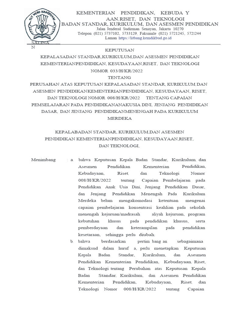 SK PERUBAHAN CP Kurikulum Merdeka | PDF