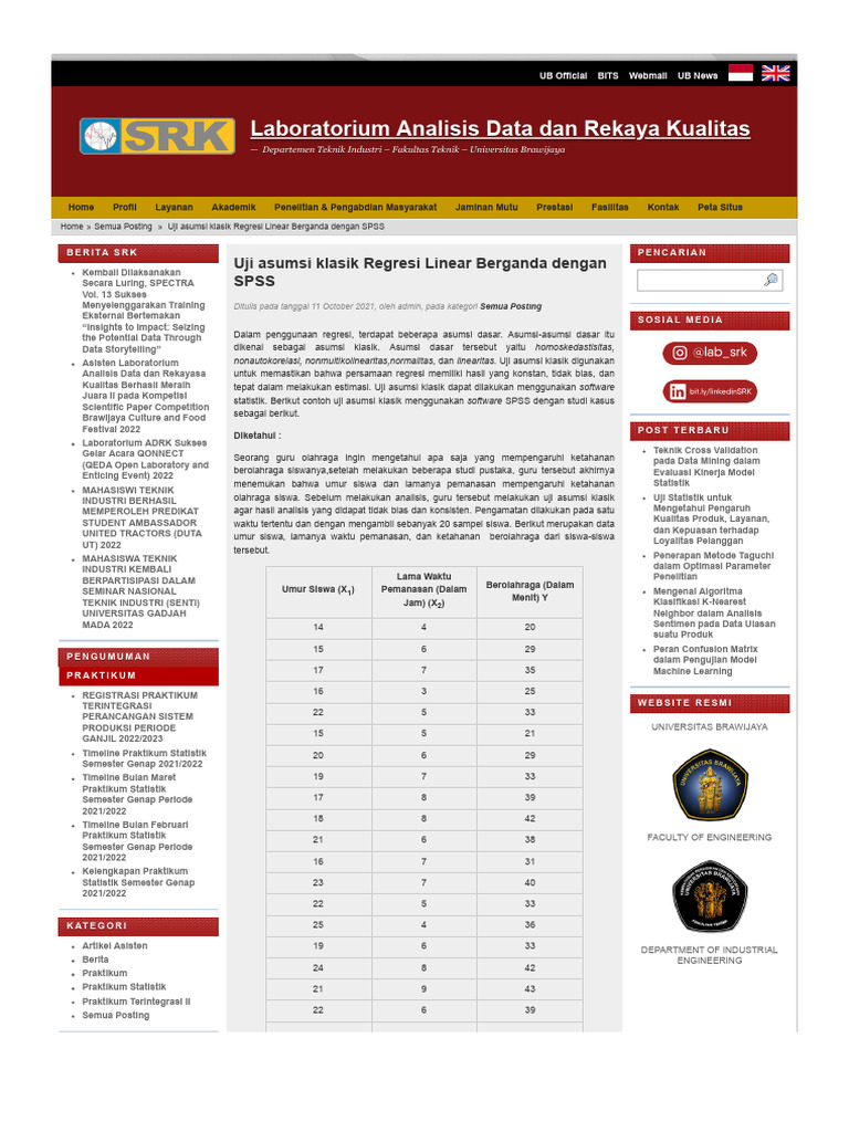 Uji Asumsi Klasik Regresi Linear Berganda Dengan SPSS - Laboratorium Analisis Da | PDF