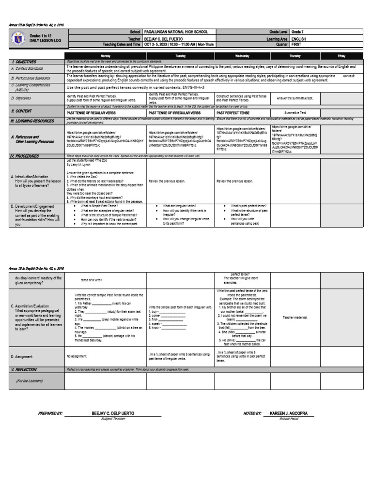 Q1-WEEK 5 PAST AND PAST PERFECT TENSES (Delayed) | PDF | Grammatical ...