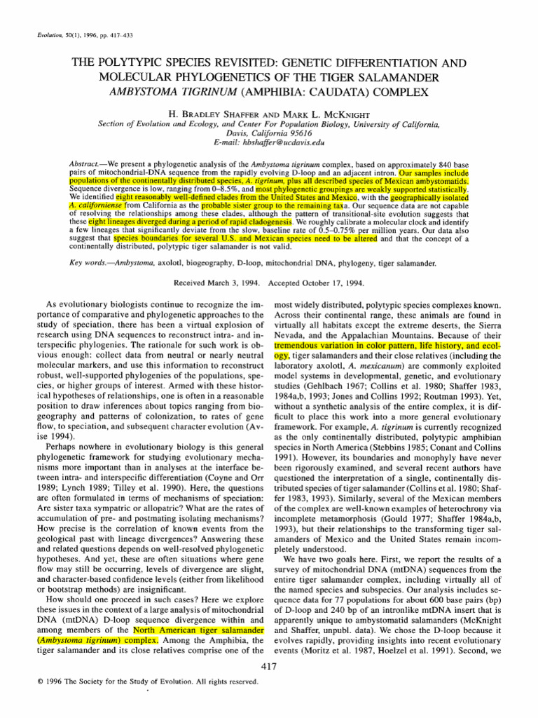 Evolution - February 1996 - Shaffer - THE POLYTYPIC SPECIES REVISITED ...