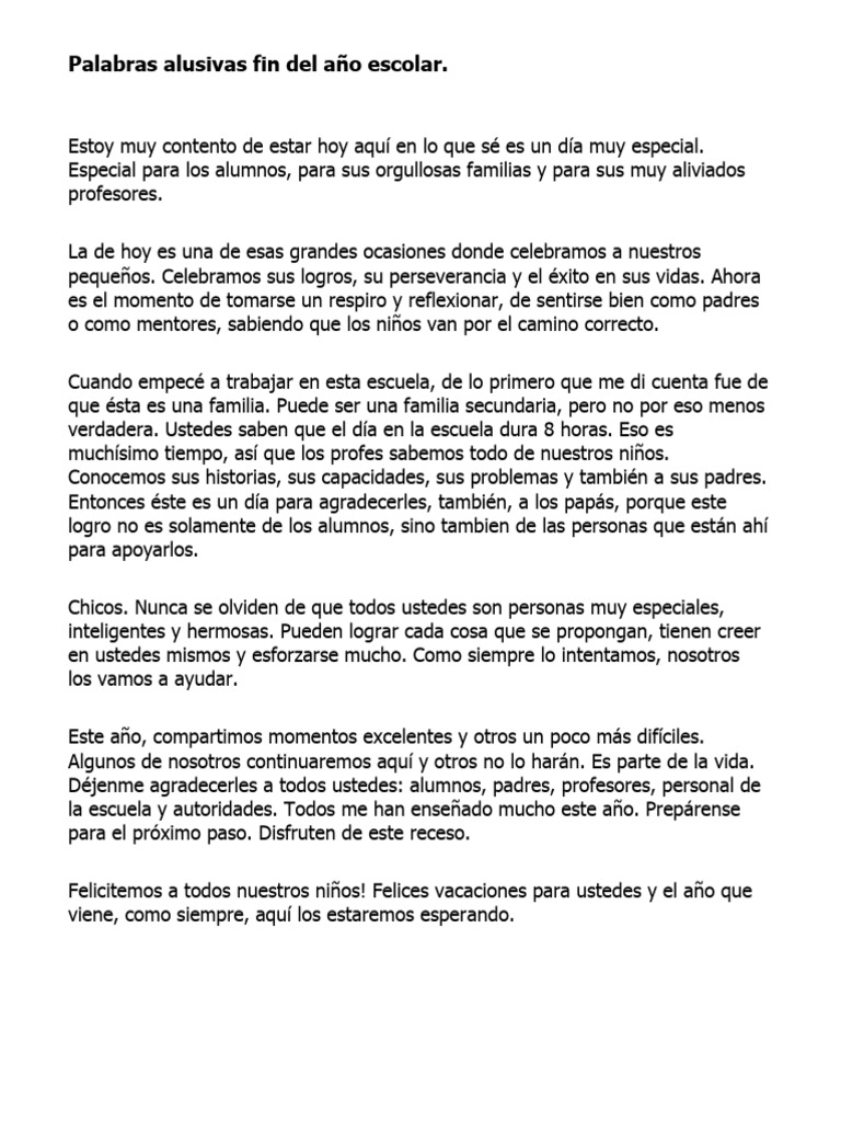 Palabras alusivas fin del año escolar | PDF