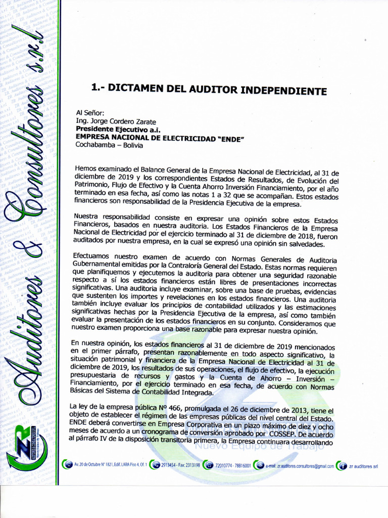 Dictamen Del Auditor Independiente 2019 | PDF | Auditoría | Contralor