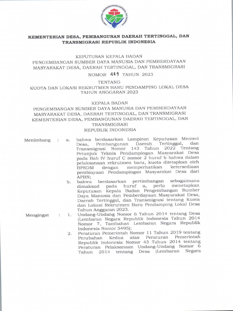 SK Kepala BPSDM 489 - Kuota Dan Lokasi Rekrutmen Baru PLD 2023 | PDF