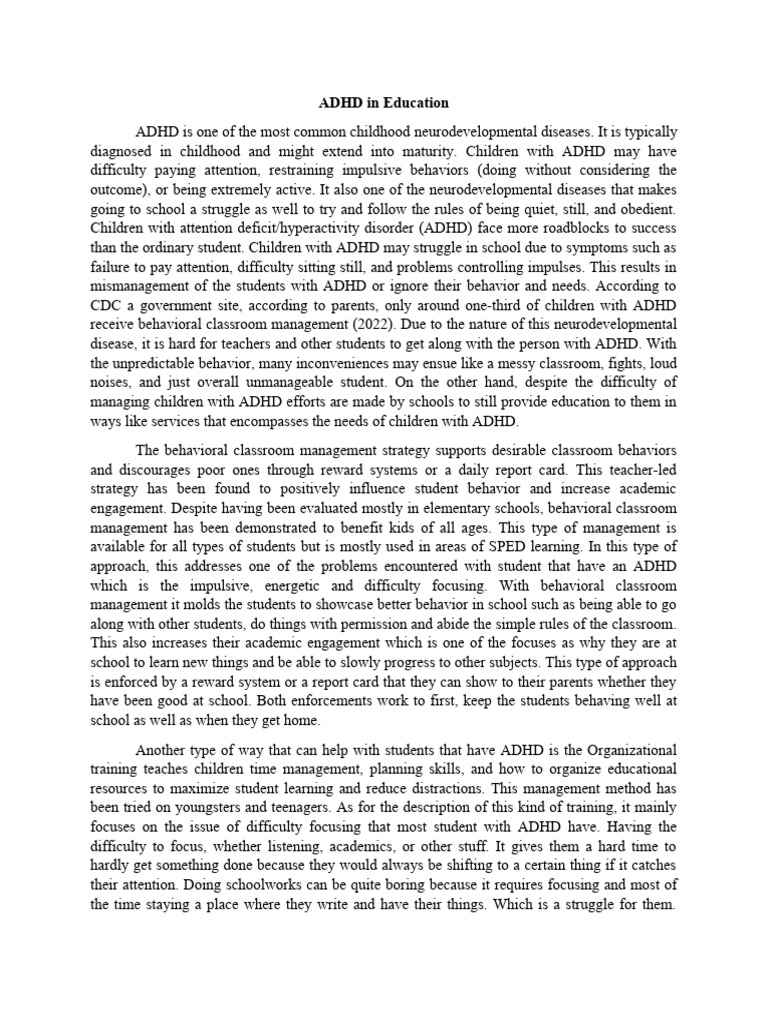 ADHD Essay | PDF | Attention Deficit Hyperactivity Disorder | Impulsivity