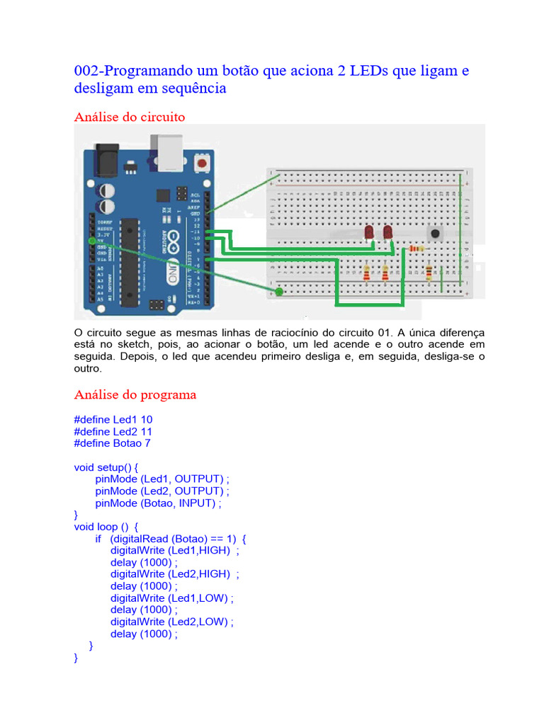 002-Programando Um Botão Que Aciona 2 LEDs em Sequência | PDF | Arduino | Informática