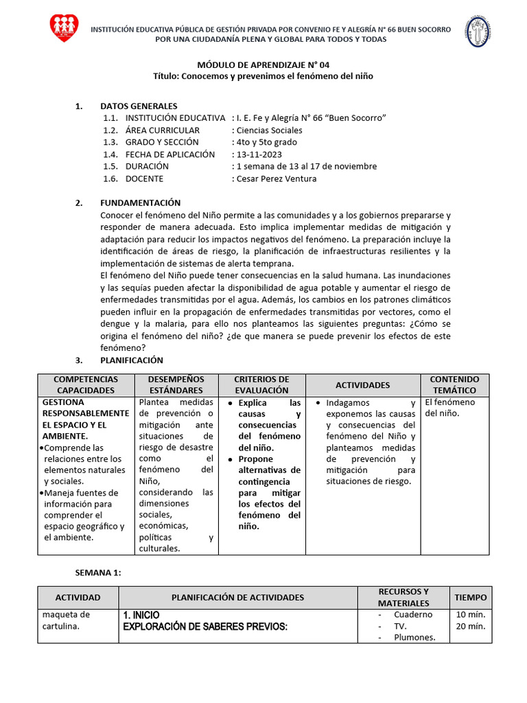MÓDULO DE APRENDIZAJE N4 quinto 13-11 | PDF | El niño