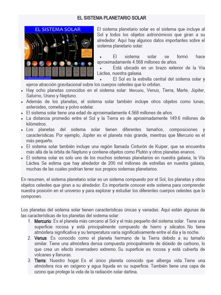 Características del Sistema Planetario Solar | PDF | Sistema solar ...