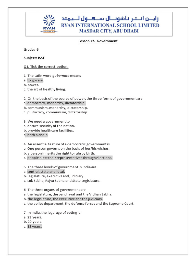 Lesson 22-Government Grade: 6 Subject: ISST: Q1. Tick The Correct ...