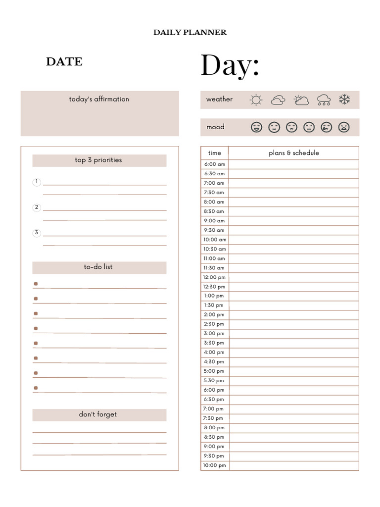 Beige Elegant Simple Notes Daily Planner With Timetable | PDF