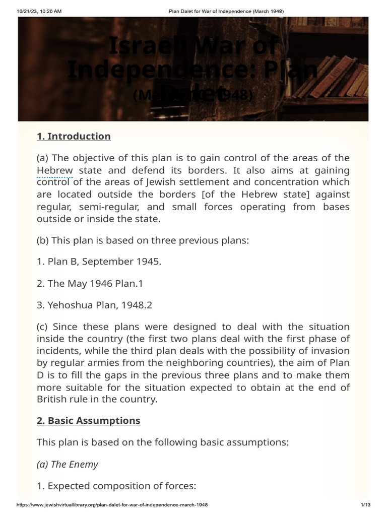 Plan Dalet For War of Independence (March 1948) | PDF | Mandatory ...