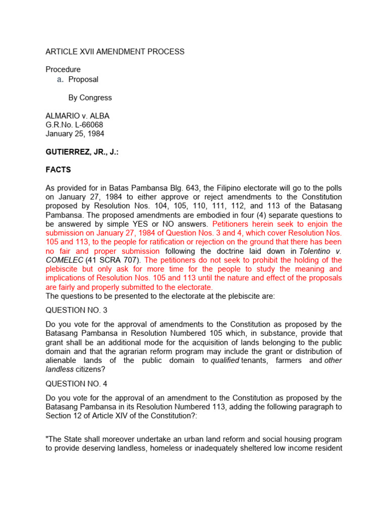 Almario Vs Alba (Amendment Process) | PDF | Constitutional Amendment | Ratification