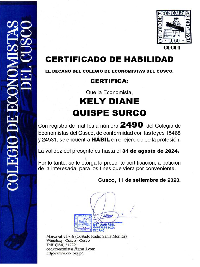 Certificado de Habilidad: Kely Diane Quispe Surco 2490 | PDF | Finanzas ...