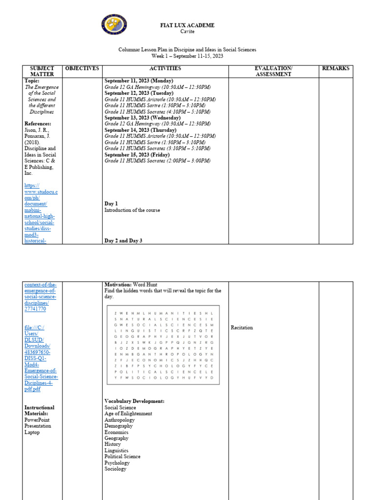 Edited Diss Lesson Plan Week 1 Pdf Sociology Psychology