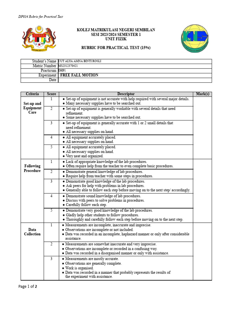 DP014-Rubric For Practical Test | PDF | Experiment | Cognition
