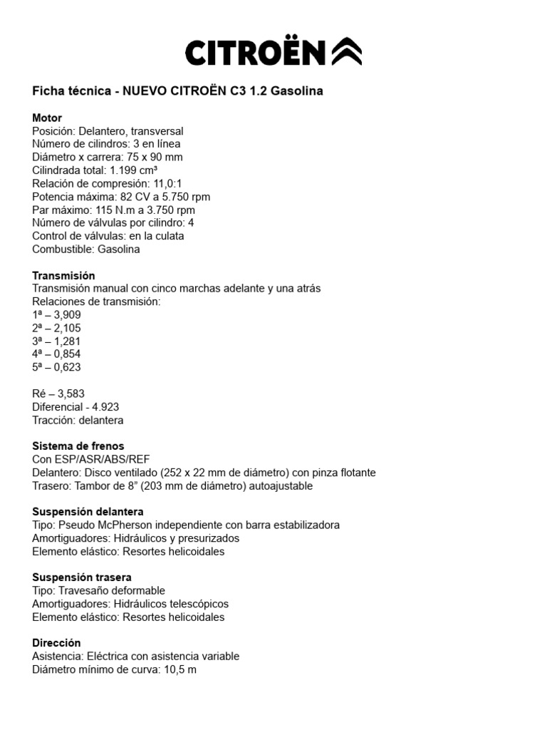FICHA TECNICA CITROEN C3 TRABAJO RELACIONES CAJA DE CAMBIOS | PDF