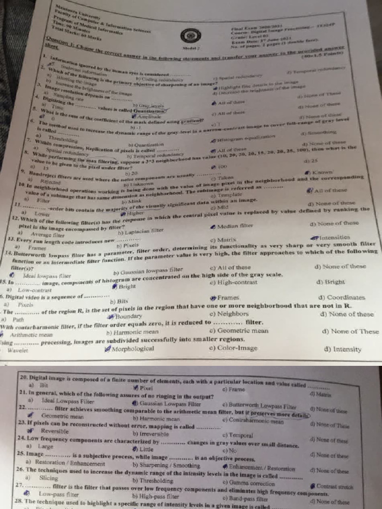 DIP Exam 2021 | PDF | Low Pass Filter | Sampling (Signal Processing)