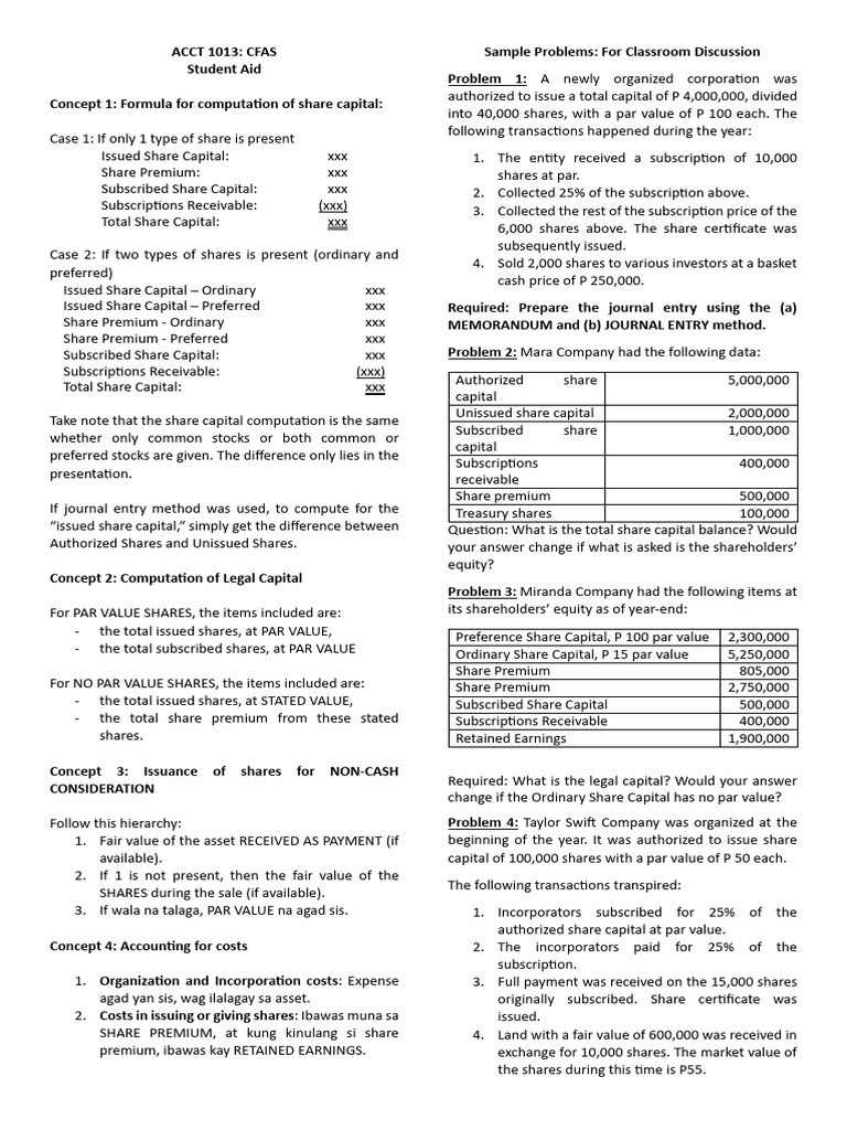 CFAS Finals Handout 1 Shareholders Equity | PDF | Capital Surplus ...
