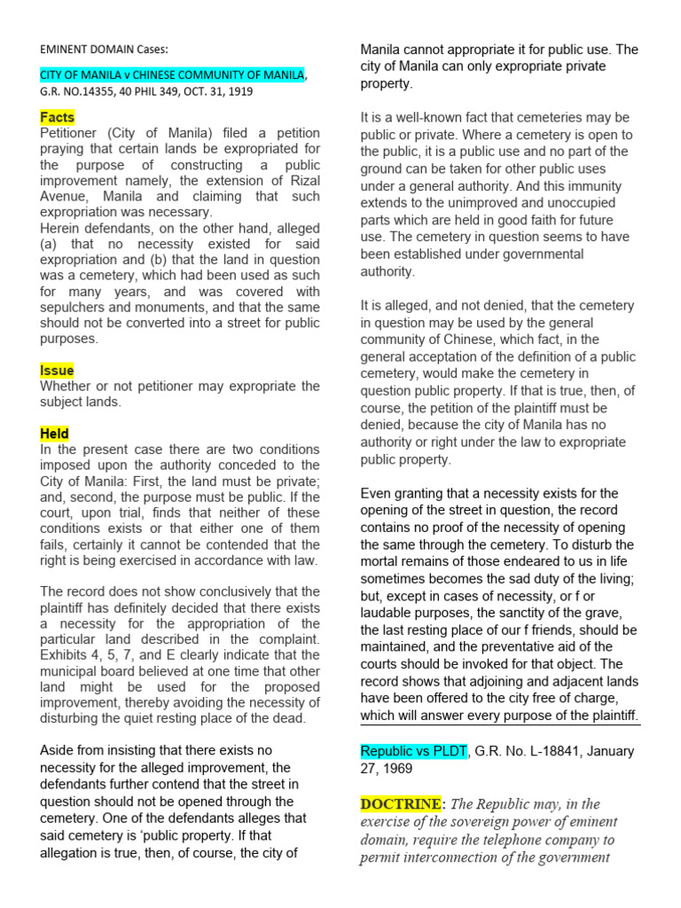 EMINENT DOMAIN Cases | PDF | Eminent Domain | Civil Law (Common Law)