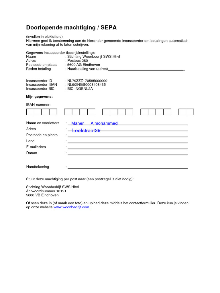 Machtiging Automatische Incasso Formulier | PDF
