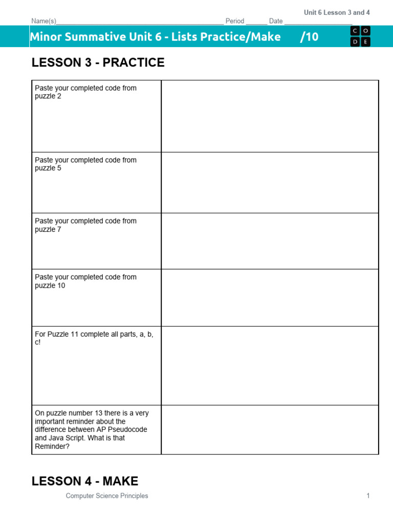 Activity Guide - Lists Make - Unit 6 Lesson 3 & 4 | PDF | User ...