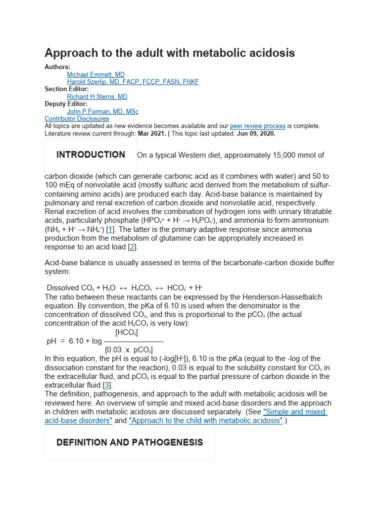 Approach To The Adult With Metabolic Acidosis | PDF | Bicarbonate ...