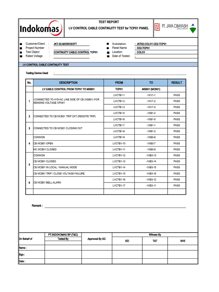 LV Control Cable Continuity Test Report | PDF | Alternating Current ...