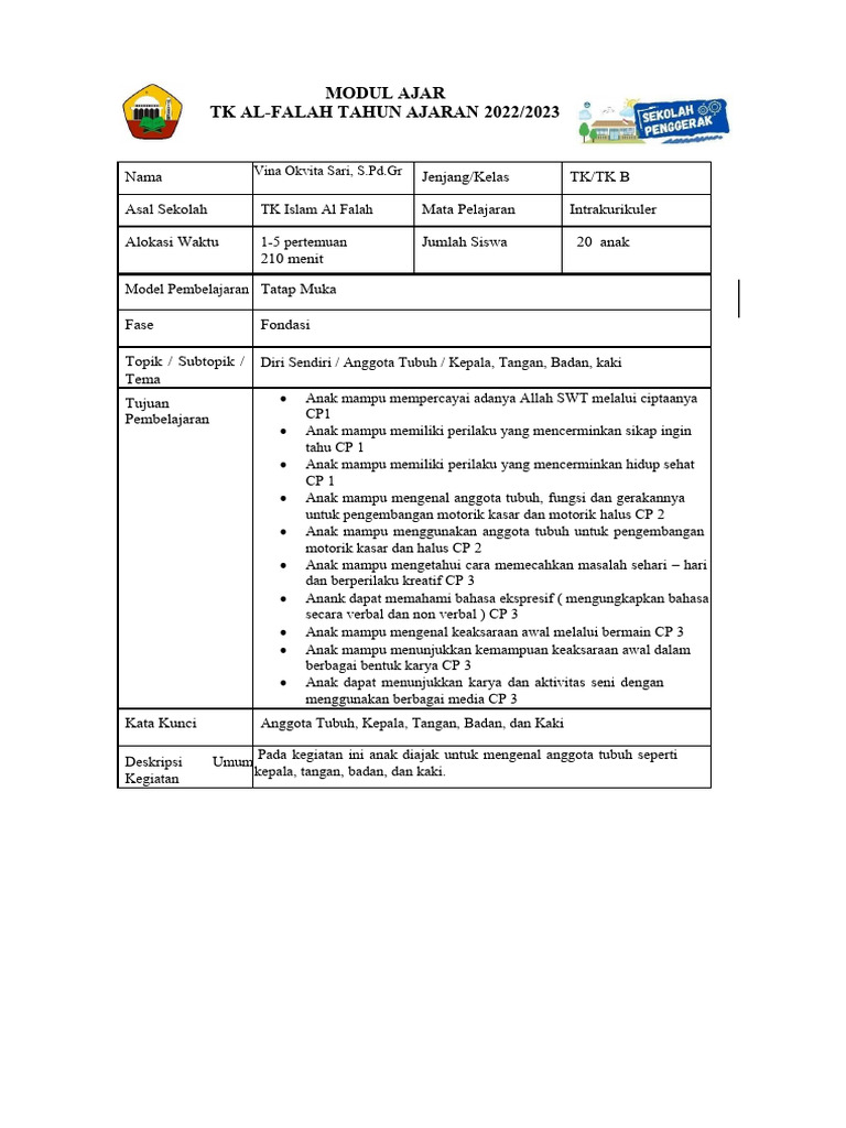 Modul Ajar Sub Topik Anggota Tubuh | PDF