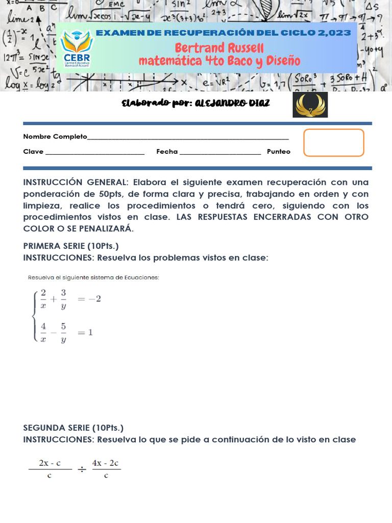 Examen de Recuperación - 4to Baco y Diseño Matematicas | PDF | Métodos y materiales de enseñanza