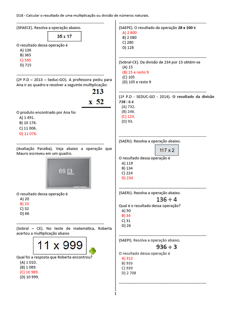 D18 (5º ANO - Mat.) - Blog Do Prof. Warles | PDF | Divisão (Matemática ...