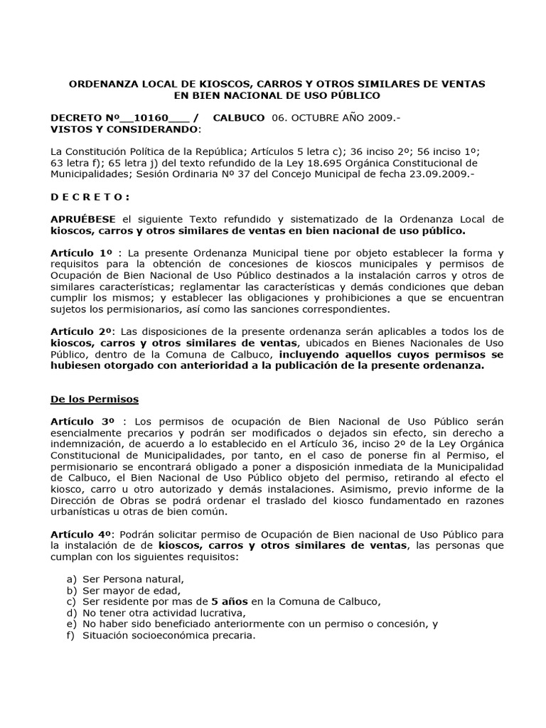 Ordenanza Local de Kioscos, Carros y Otros Similares de Ventas en Bien ...
