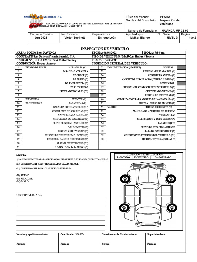 Formato de Inspeccion de Vehiculos Livianos | PDF | Vehículos ...