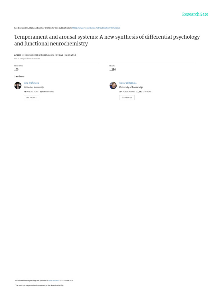 Temperament and Arousal Systems - A New Synthesis of Differential Psychology and Functional ...