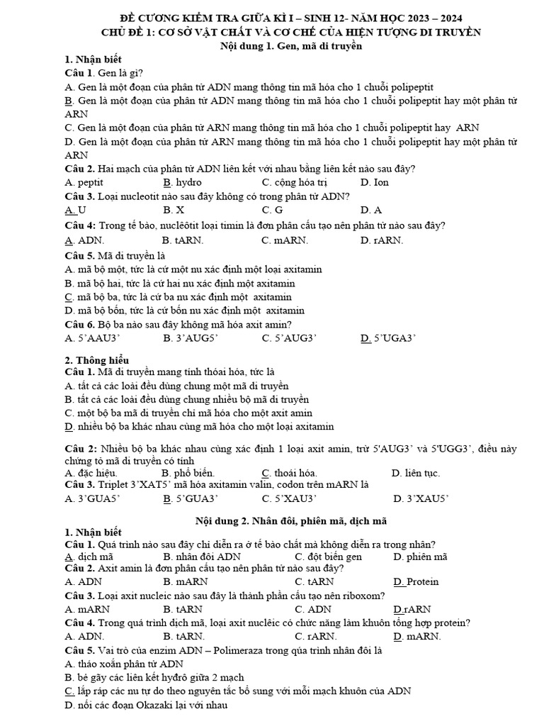 ĐỀ CƯƠNG SINH 12 GKI -NH 2023 -2024 | PDF