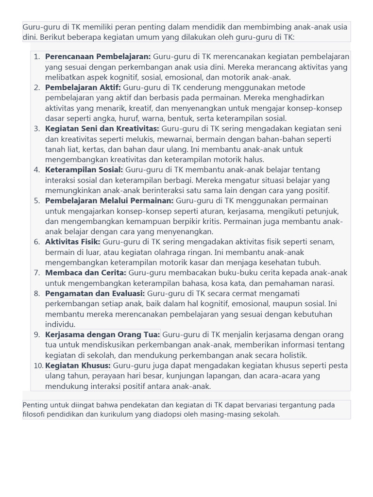 Kegiatan Pembelajaran di TK | PDF