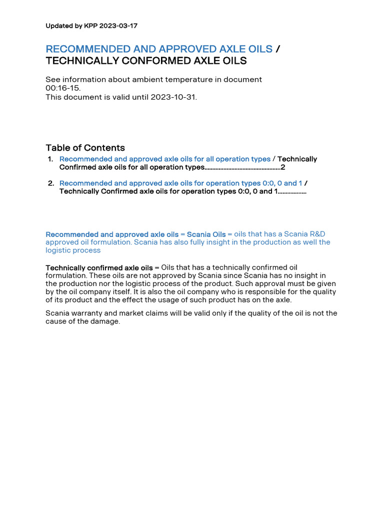 Recommended and Approved Axle Oils 230317 | PDF | Chemical Substances ...