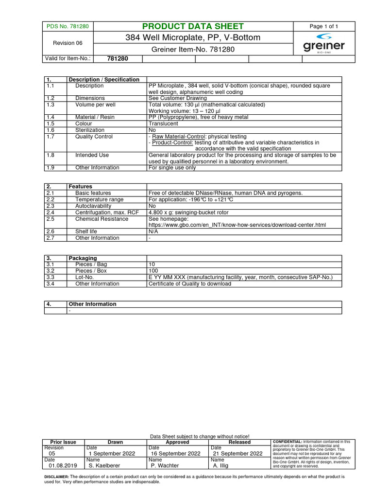 384 Well Microplate, PP, V-Bottom: Product Data Sheet | PDF | Physical ...