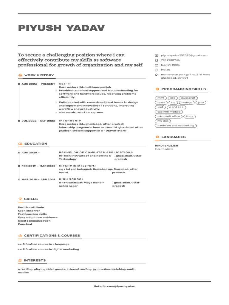 Piyush Yadav CV | PDF | Computing | Computer Science