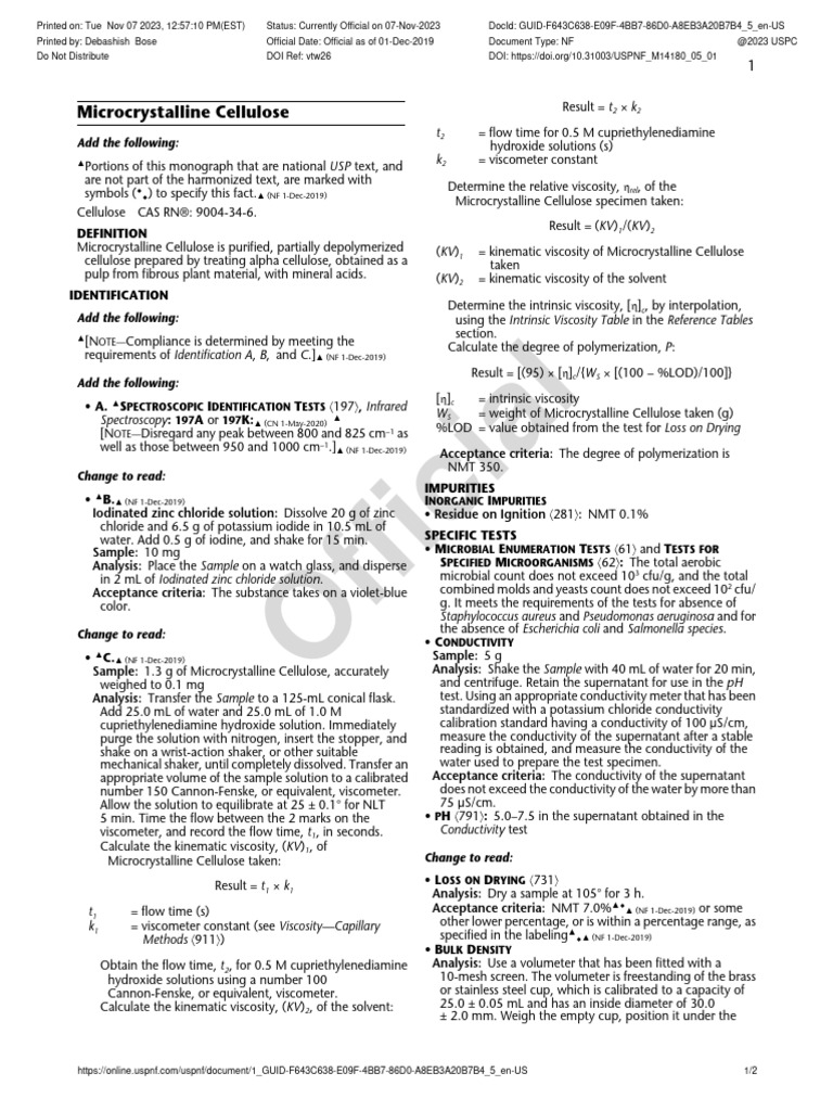 Microcrystalline Cellulose USP | PDF | Particle Size Distribution ...
