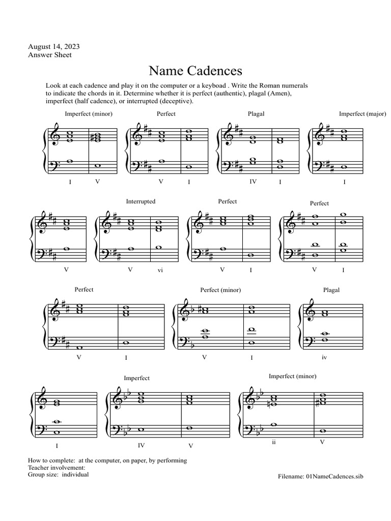 Cadence Identification Practice Sheet | PDF | Melody | Musical Forms