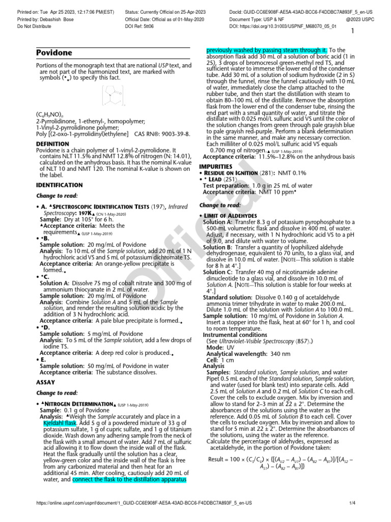 Povidone K30 USP | PDF | Chromatography | Ultraviolet–Visible Spectroscopy