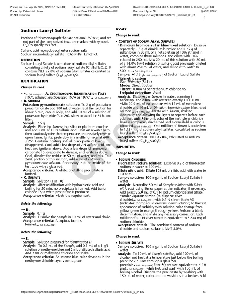 Sodium Lauryl Sulfate USP | PDF | Chemistry | Titration