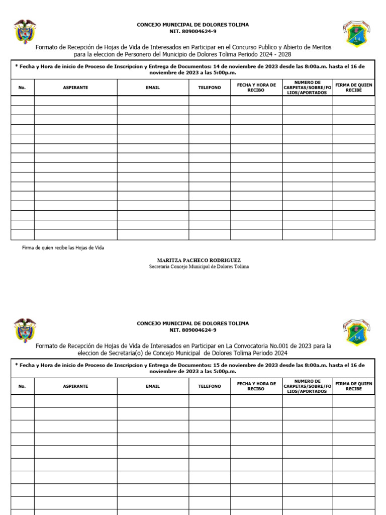 Planilla Recepcion de Documentos Concurso de Personero | PDF