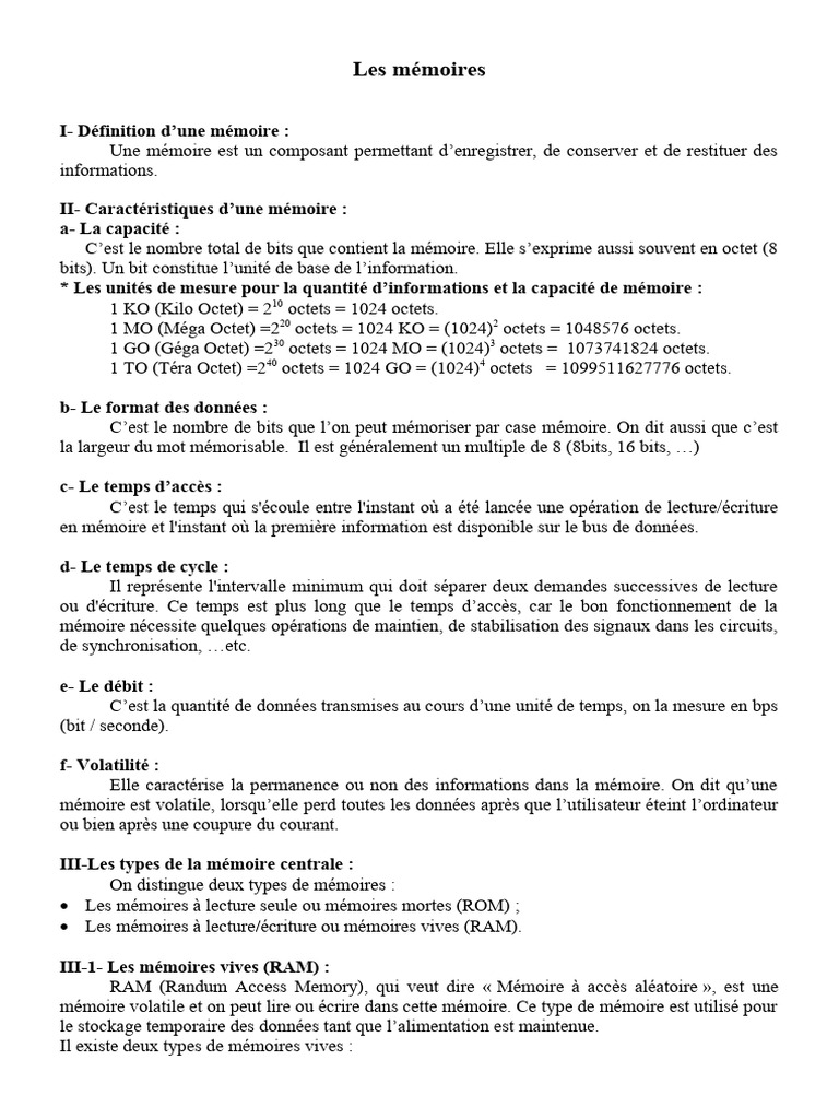 Cours 5 - Les Mémoires | PDF | Mémoire vive | Mémoire (informatique)