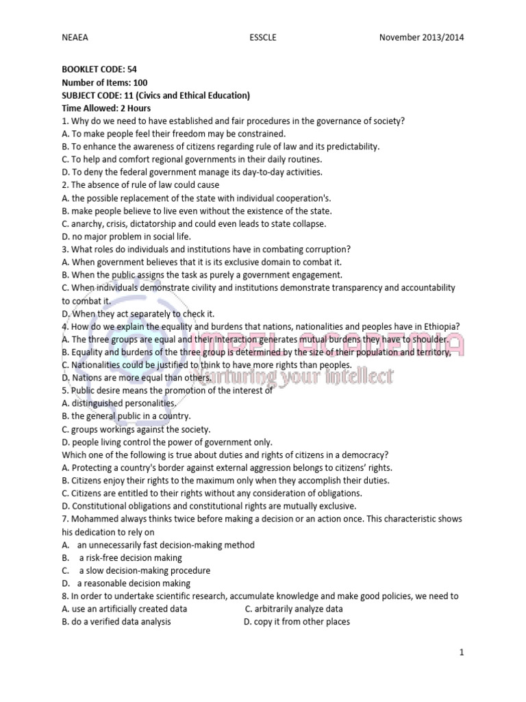 Civics and Ethical Education Assessment | PDF | Democracy | Political ...
