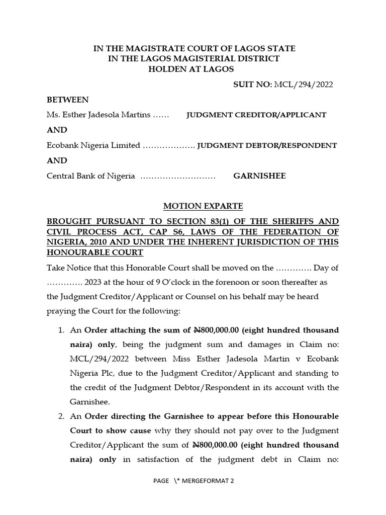 Garnishee Proceedings in Martins V Ecobank | PDF | Judgment (Law ...