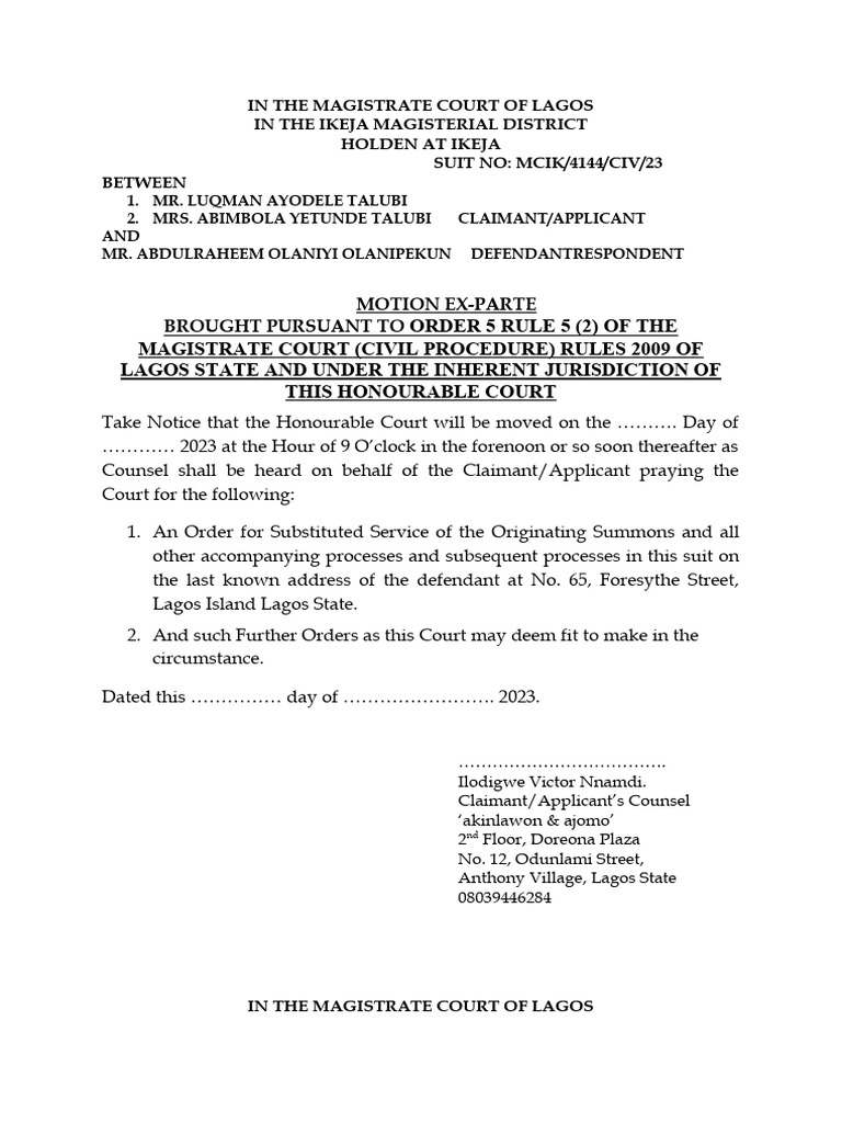 Talubu v Olanipekun Motion for Substituted Service | PDF | Service Of ...