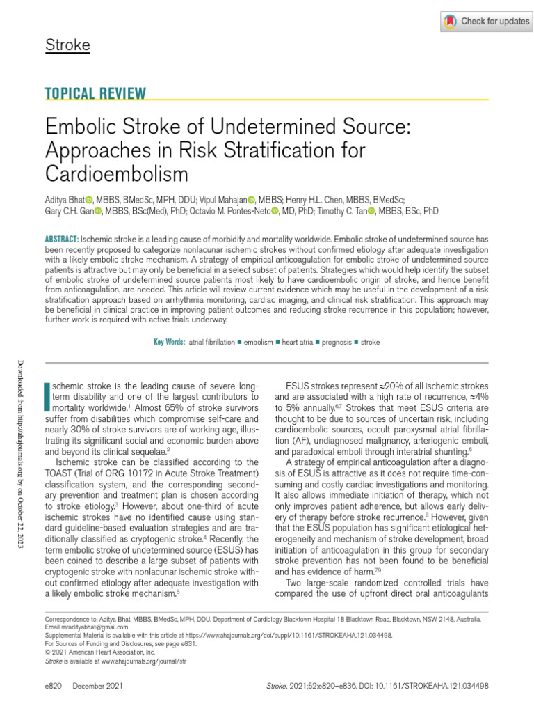 Bhat Et Al 2021 Embolic Stroke of Undetermined Source Approaches in ...