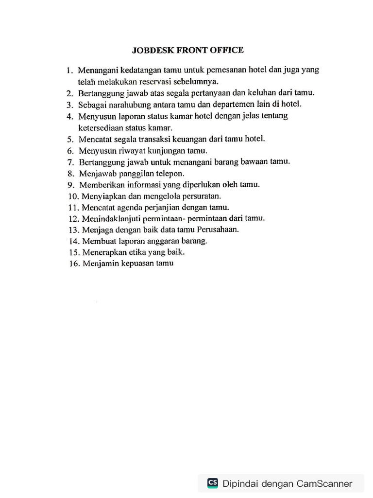 Jobdesk Front Office | PDF