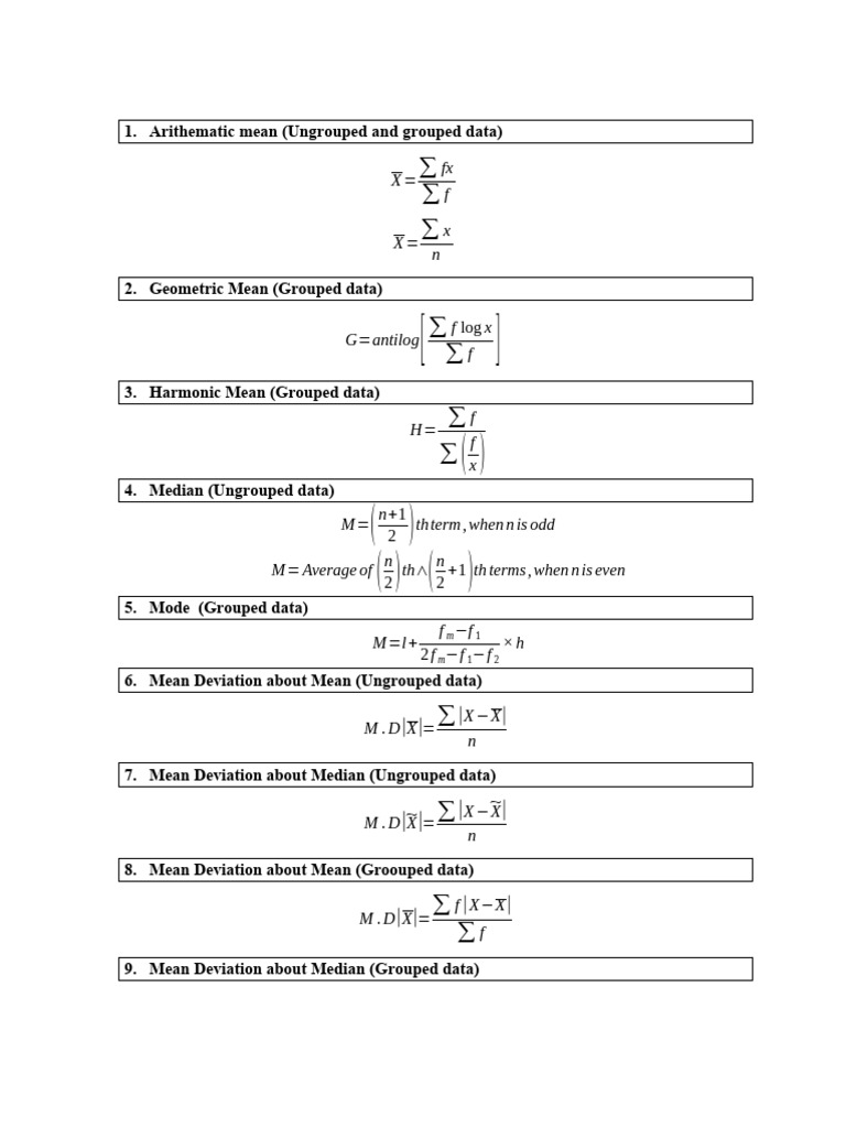 Biostatistics Formulas Overview | PDF | Mean | Mathematical Analysis